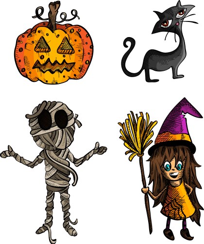 Halloween isolated sketch style creatures Vector Image