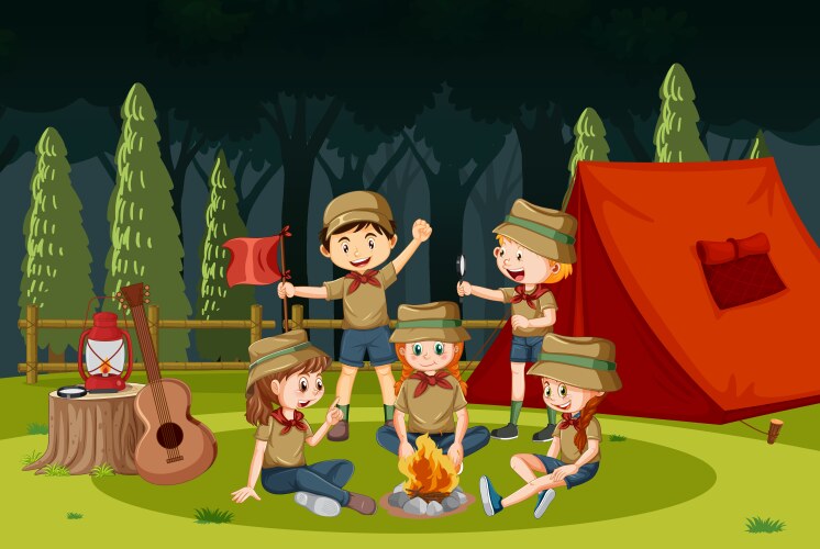 Three scout kids in the jungle Royalty Free Vector Image