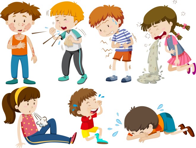 Sick boy and girl coughing on white background Vector Image