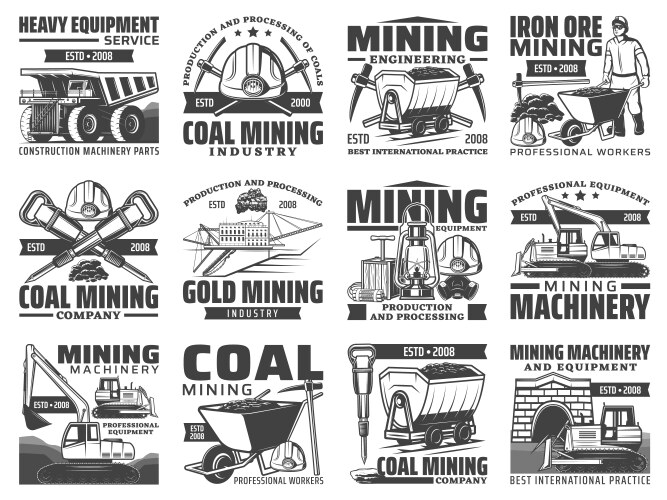 Miner helmet pickaxe and mining equipment icons Vector Image