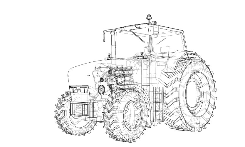 Drawing of an agricultural tractor with a trailer Vector Image