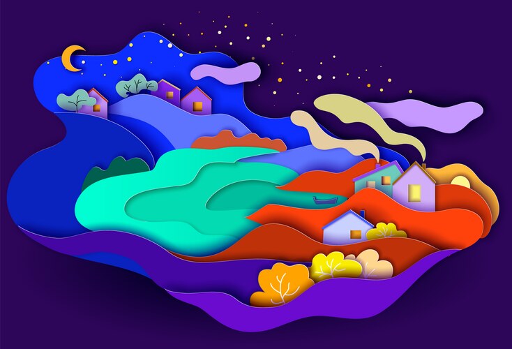 Nighttime lake in village flat color Royalty Free Vector Nighttime lake in village flat color Royalty Free Vector