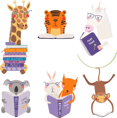 Cute animals reading books frame Royalty Free Vector Image