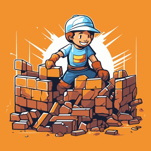Cartoon construction worker building brick wall Vector Image