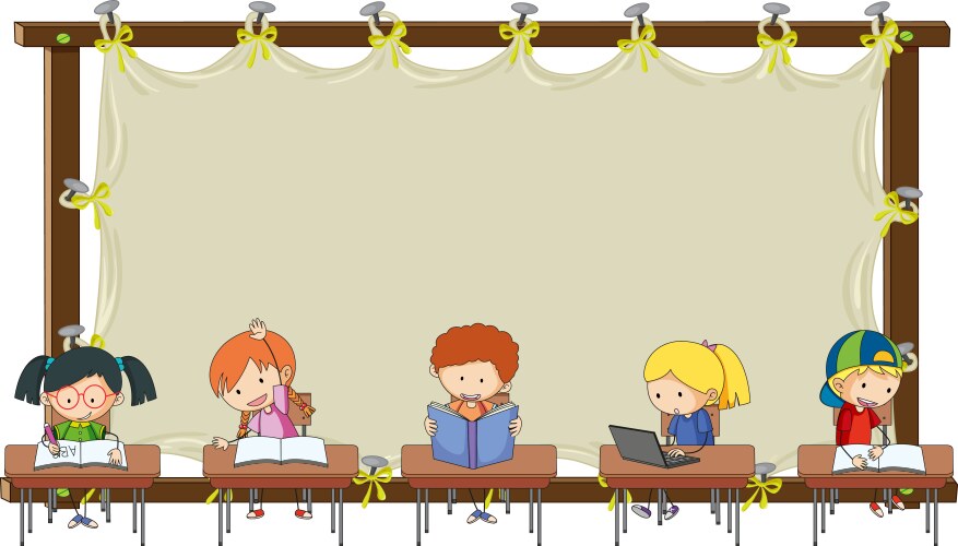 Frame design with board and students in classroom Vector Image