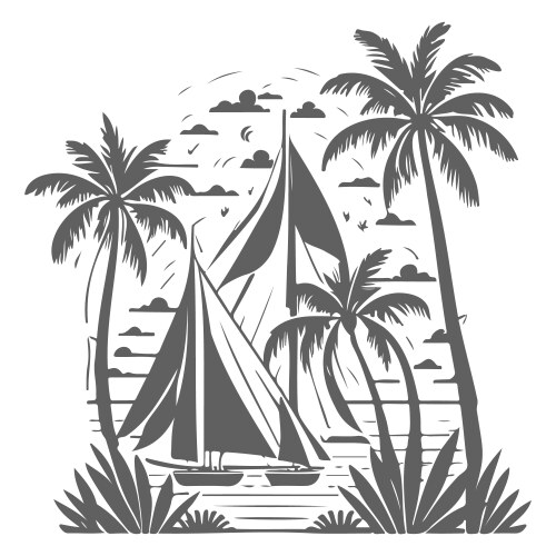Sail and palm tree sketch grey Royalty Free Vector Image