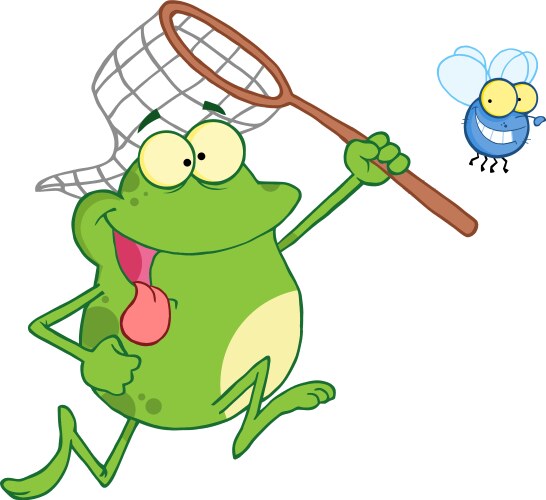 Cartoon frog catching a fly Royalty Free Vector Image