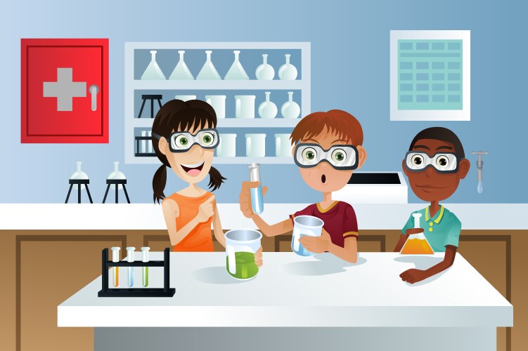 Students working with science tools in lab Vector Image