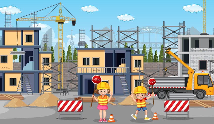 Cartoon scene of building construction site Vector Image