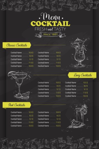 Chalk drawing cocktail restaurant menu design Vector Image