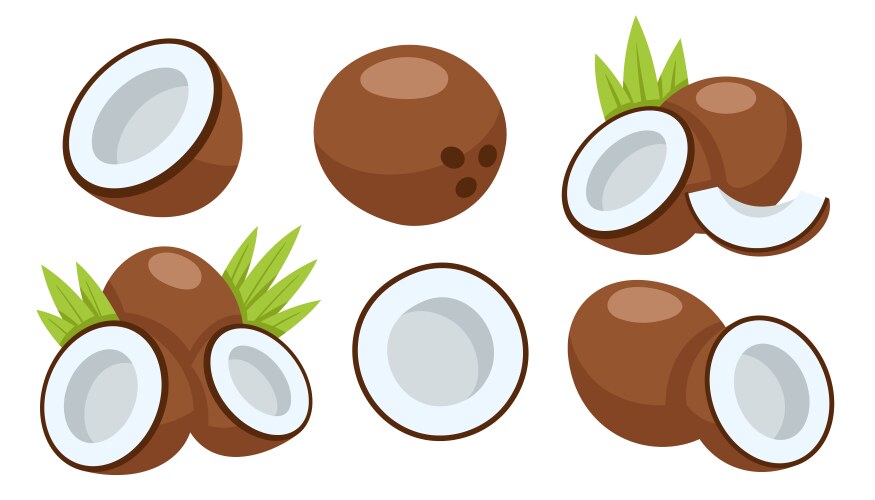 Coconut set drawn cute kawaii food faces Vector Image