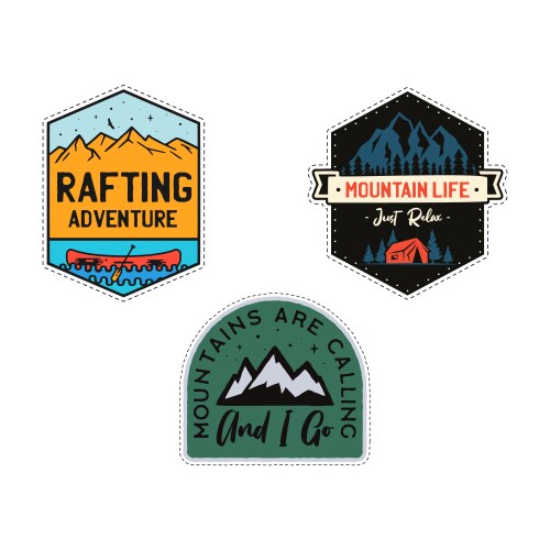 Camping adventures badges set designs Royalty Free Vector