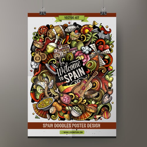 Cartoon doodles spain poster template Royalty Free Vector