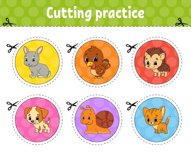 Cutting practice educational activity worksheet Vector Image