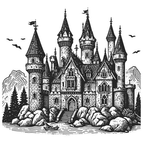 Medieval castle engraving Royalty Free Vector Image