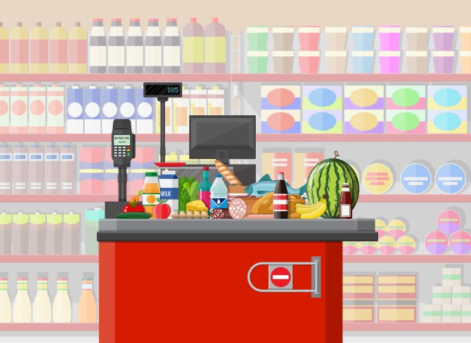 Cartoon supermarket aisle with large window Vector Image