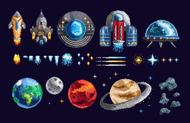 Space game asset 8bit pixel art galaxy planets Vector Image