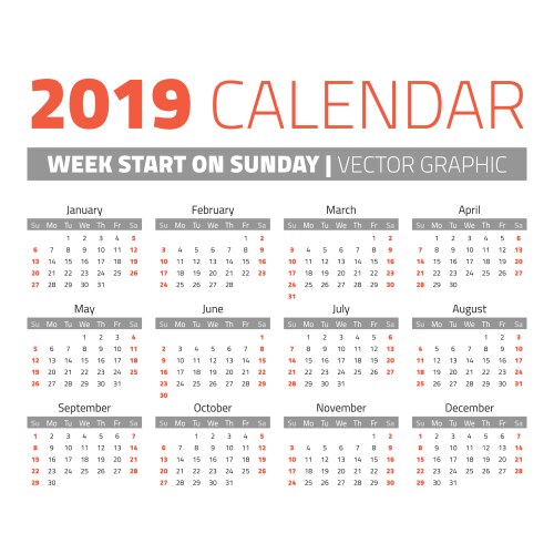 Simple 2019 year calendar Royalty Free Vector Image