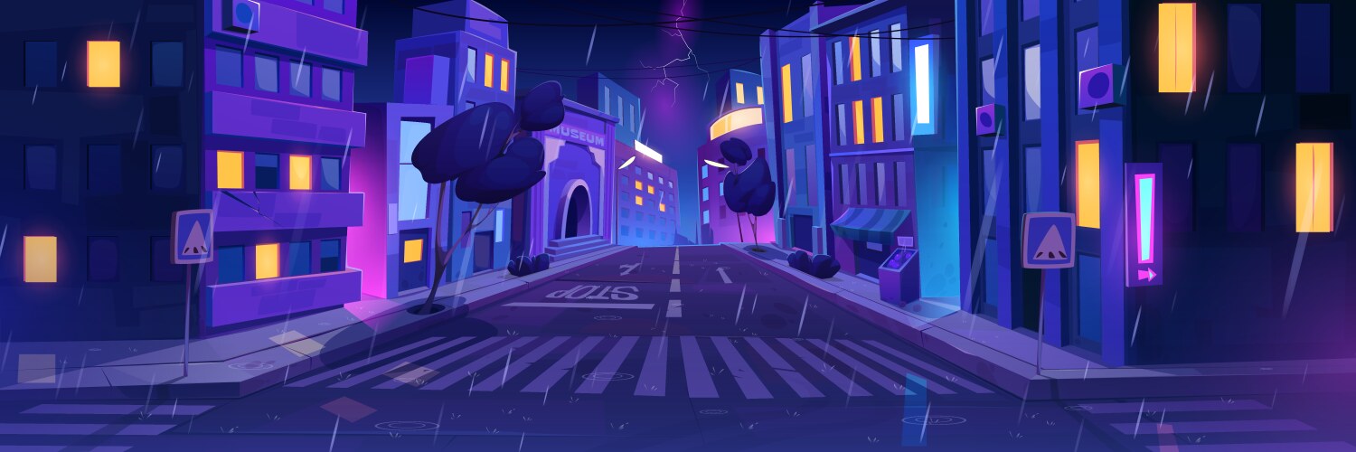 Rainfall on city town street cartoon Royalty Free Vector