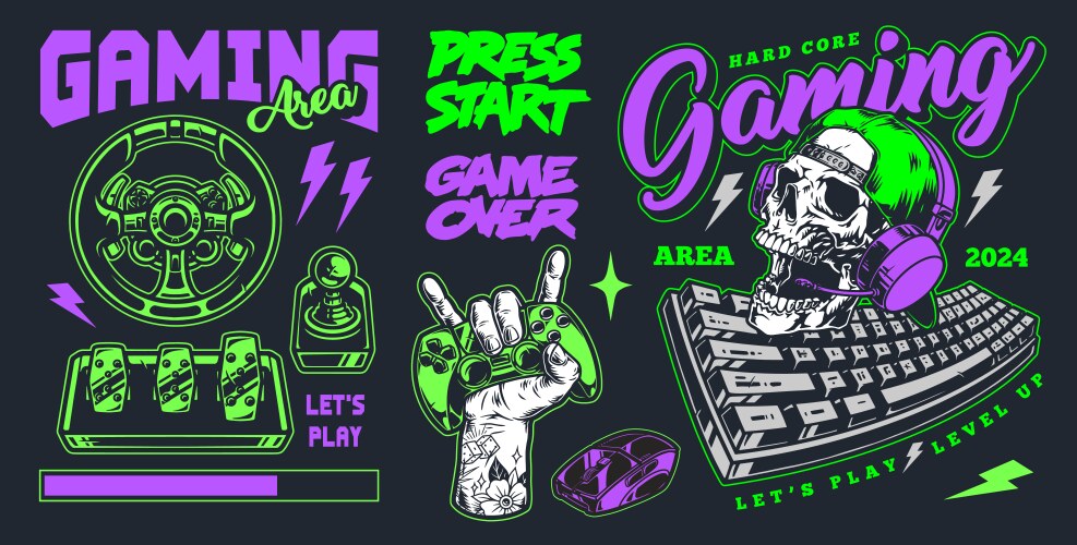 Gaming area colorful set stickers Royalty Free Vector Image
