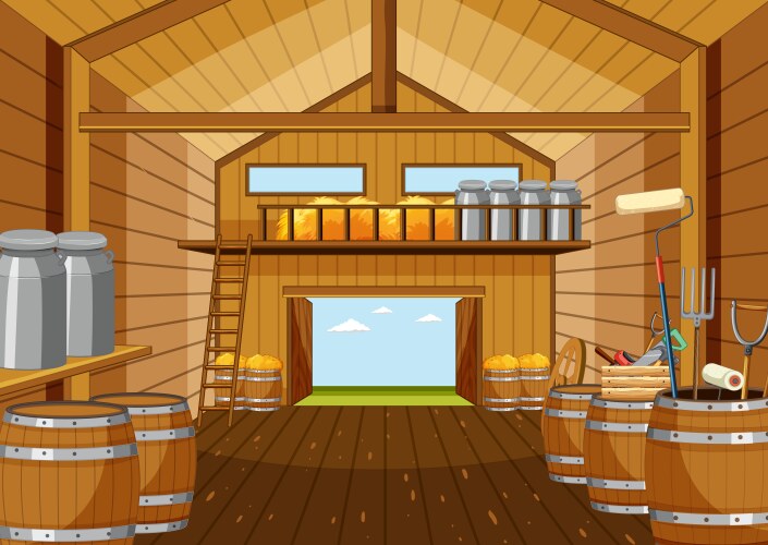 Cartoon farm barn interior with chickens straw Vector Image