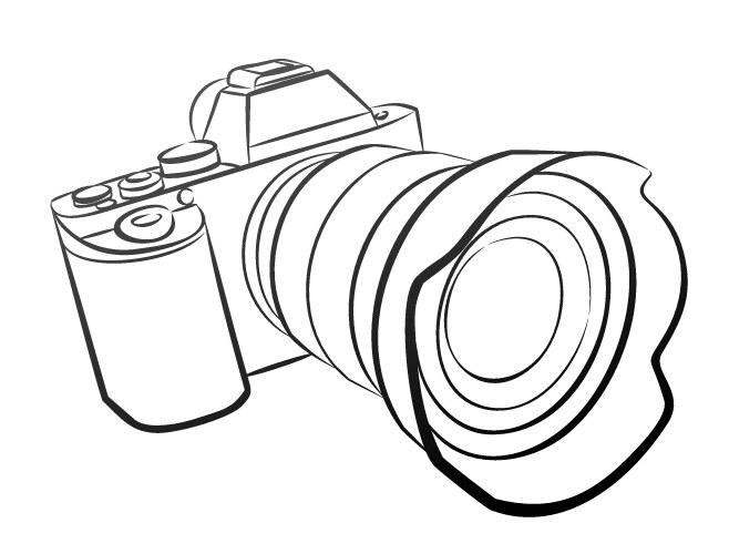 Photo camera with huge lens sketch Royalty Free Vector Image