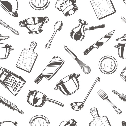 Kitchenware and cooking utensils seamless pattern Vector Image
