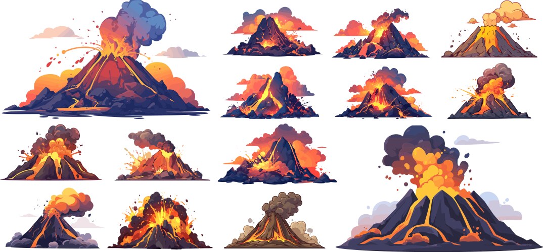 Cartoon lava ground set volcano rocks texture top Vector Image