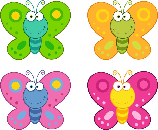 Cute butterfly cartoon characters collection set Vector Image
