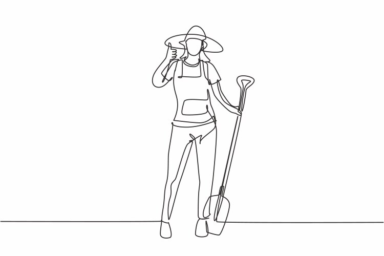 Single one line drawing of female farmer stood Vector Image