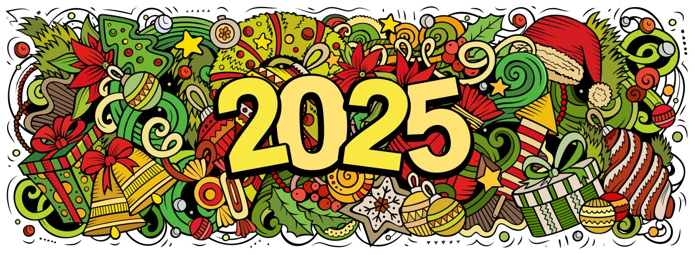 2025 doodles horizontal new year objects and Vector Image