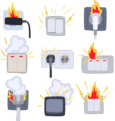 Damage short circuit fire cartoon Royalty Free Vector Image