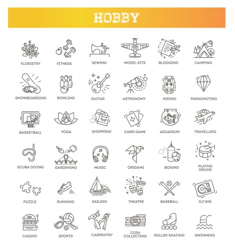Hobbies and interest detailed line icons Vector Image Hobbies and interest detailed line icons Vector Image