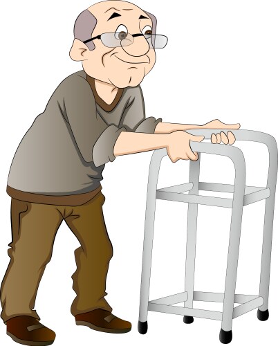 Old man using wheeled walker - happy cartoon Vector Image
