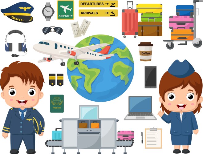Cute pilot and stewardess kids cartoon Royalty Free Vector