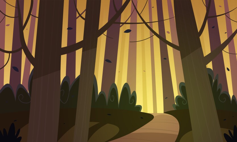 Cartoon forest trail with wooden trailhead sign Vector Image