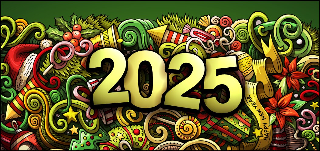 2025 doodles horizontal new year objects and Vector Image