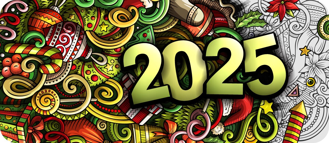 2025 doodles horizontal new year objects and Vector Image