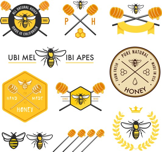Set of vintage honey labels and design elements Vector Image