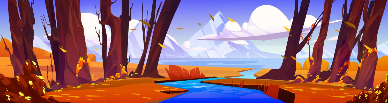 Cartoon landscape stream flow into mountain lake Vector Image