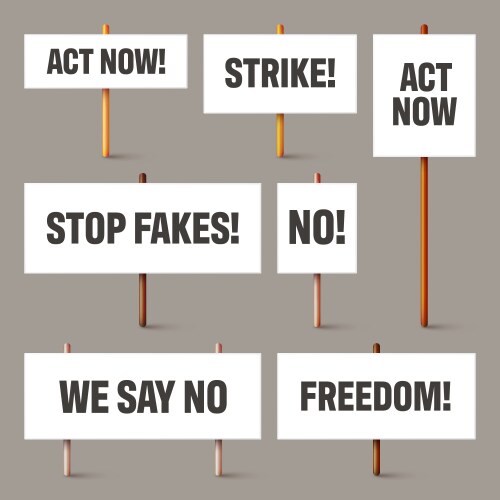 Blank white protest signs with text slogans on Vector Image