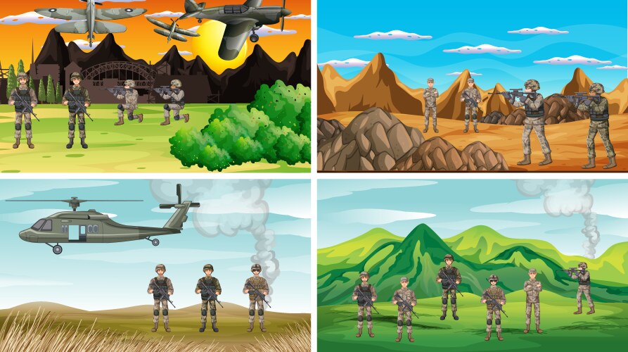 Set of different army war scenes Royalty Free Vector Image