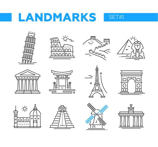 World landmarks signs black thin line icon set Vector Image