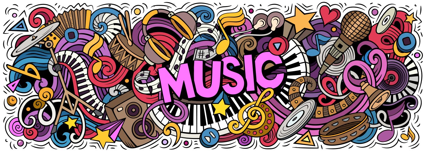 Cartoon cute doodles music word colorful Vector Image