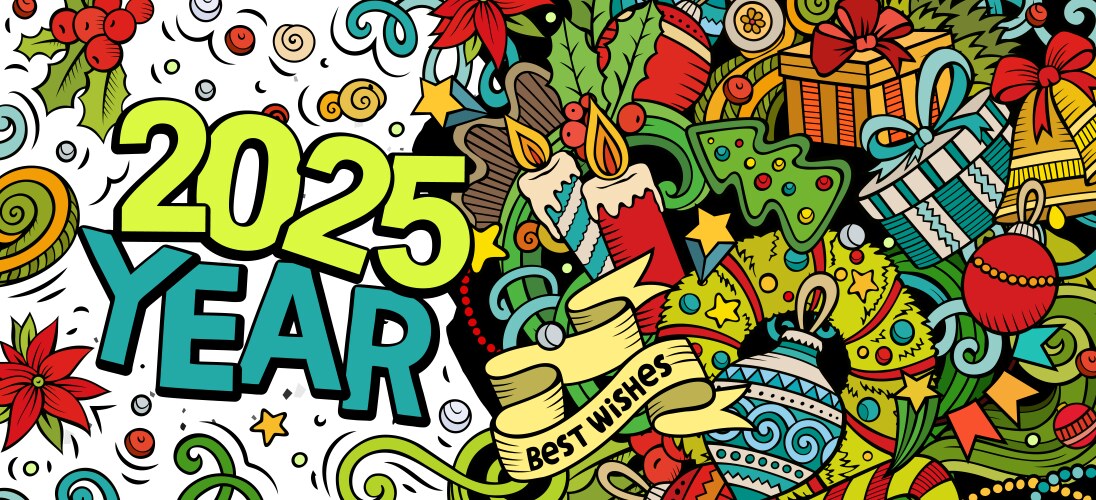 2025 doodles horizontal new year objects and Vector Image