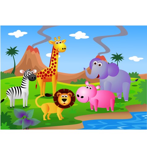 Cartoon wild animal riding a red car in the jungle