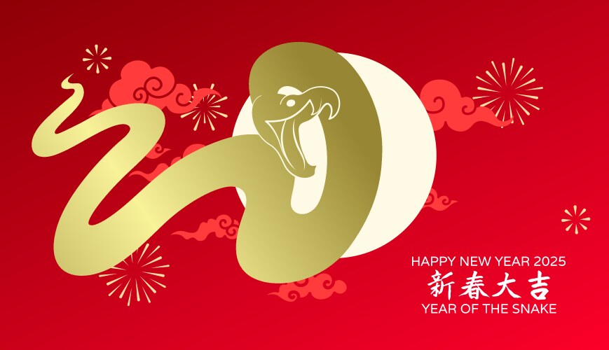 Two zodiac snakes on red background with clouds Vector Image