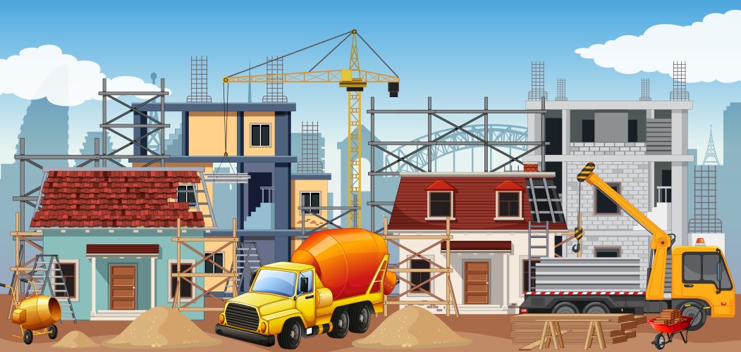 Construction site with building crane on street Vector Image