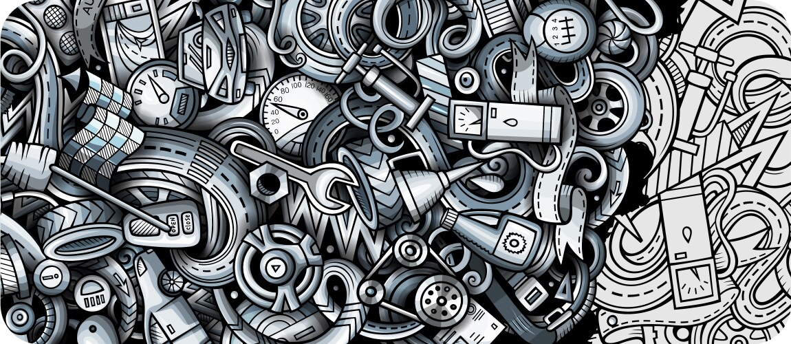Automotive funny hand drawn doodles Royalty Free Vector