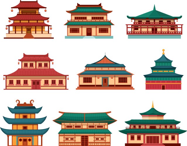 Cartoon traditional asian house objects set Vector Image